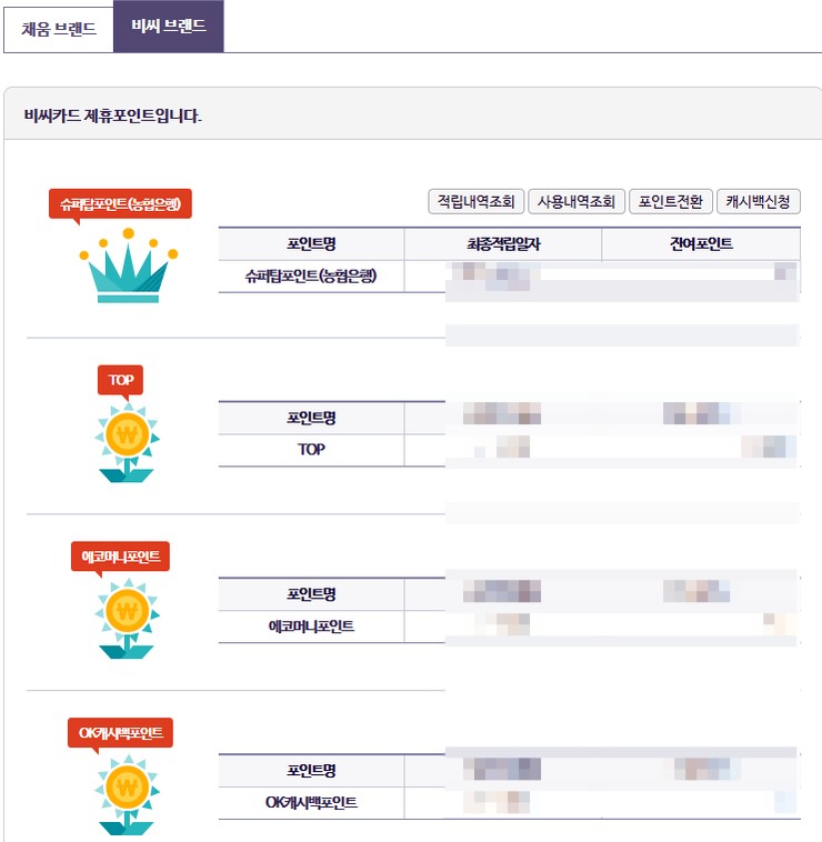 비씨카드 농협카드 포인트 사용법 슈퍼탑포인트 탑top포인트 농협nh포인트 에코머니포인트 현금 전환 네이버 블로그